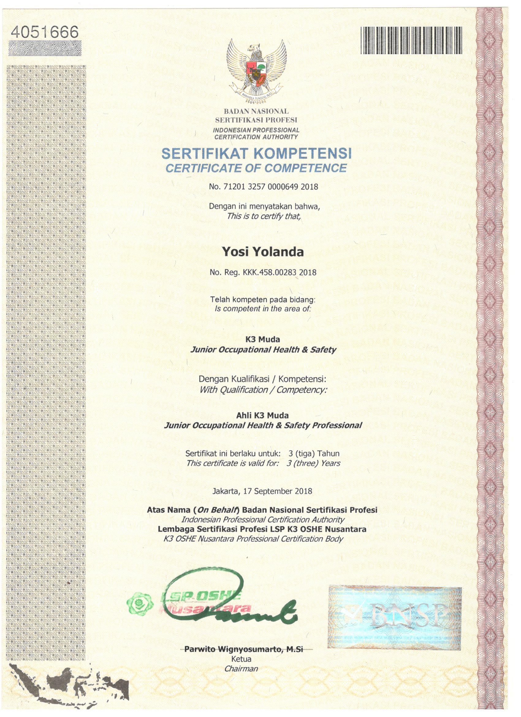 Yosi Yolanda – LSP Oshe Nusantara